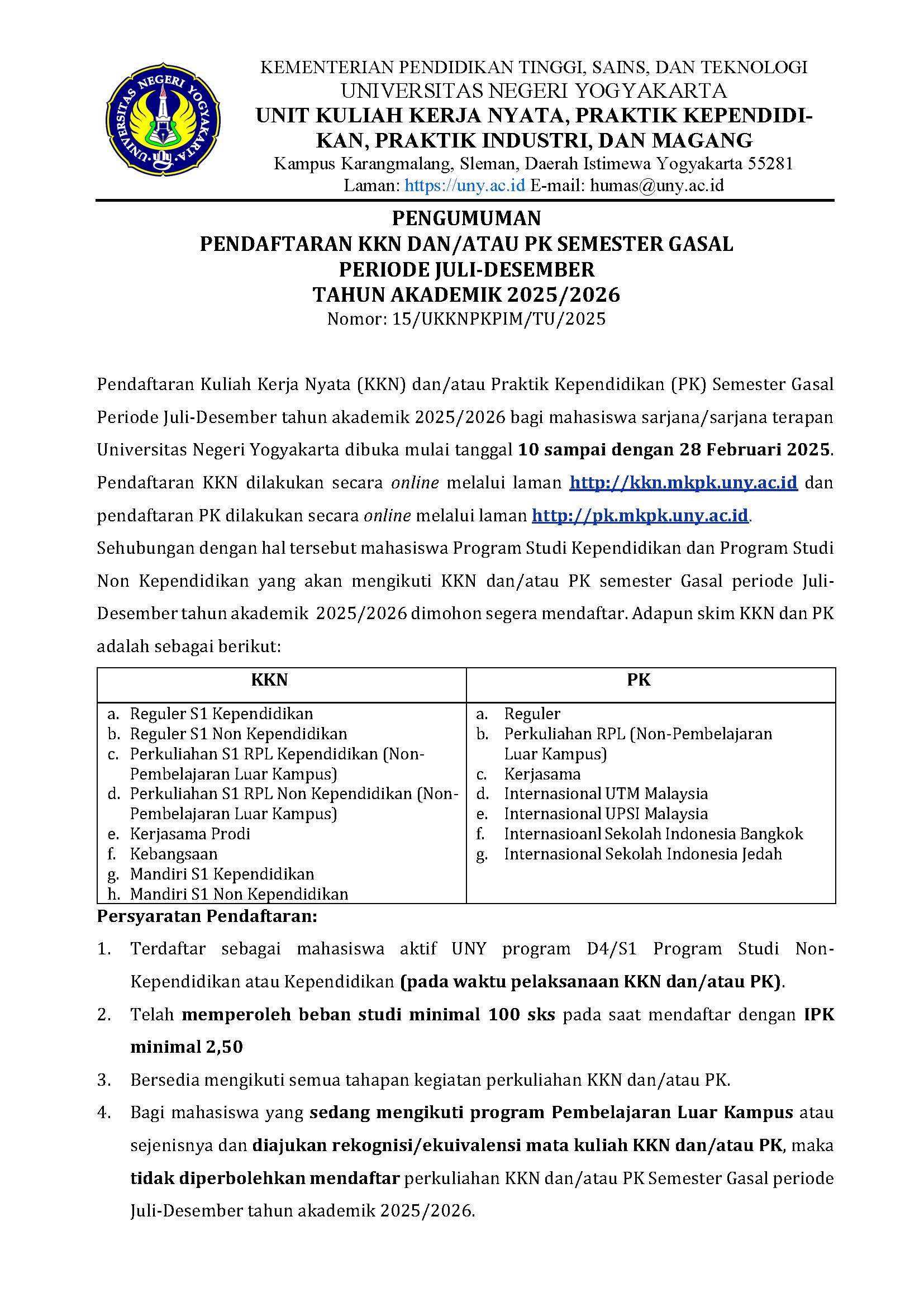 PENDAFTARAN KKN DAN/ATAU PK SEMESTER GASAL PERIODE JULI-DESEMBER TAHUN AKADEMIK 2025/2026 ...